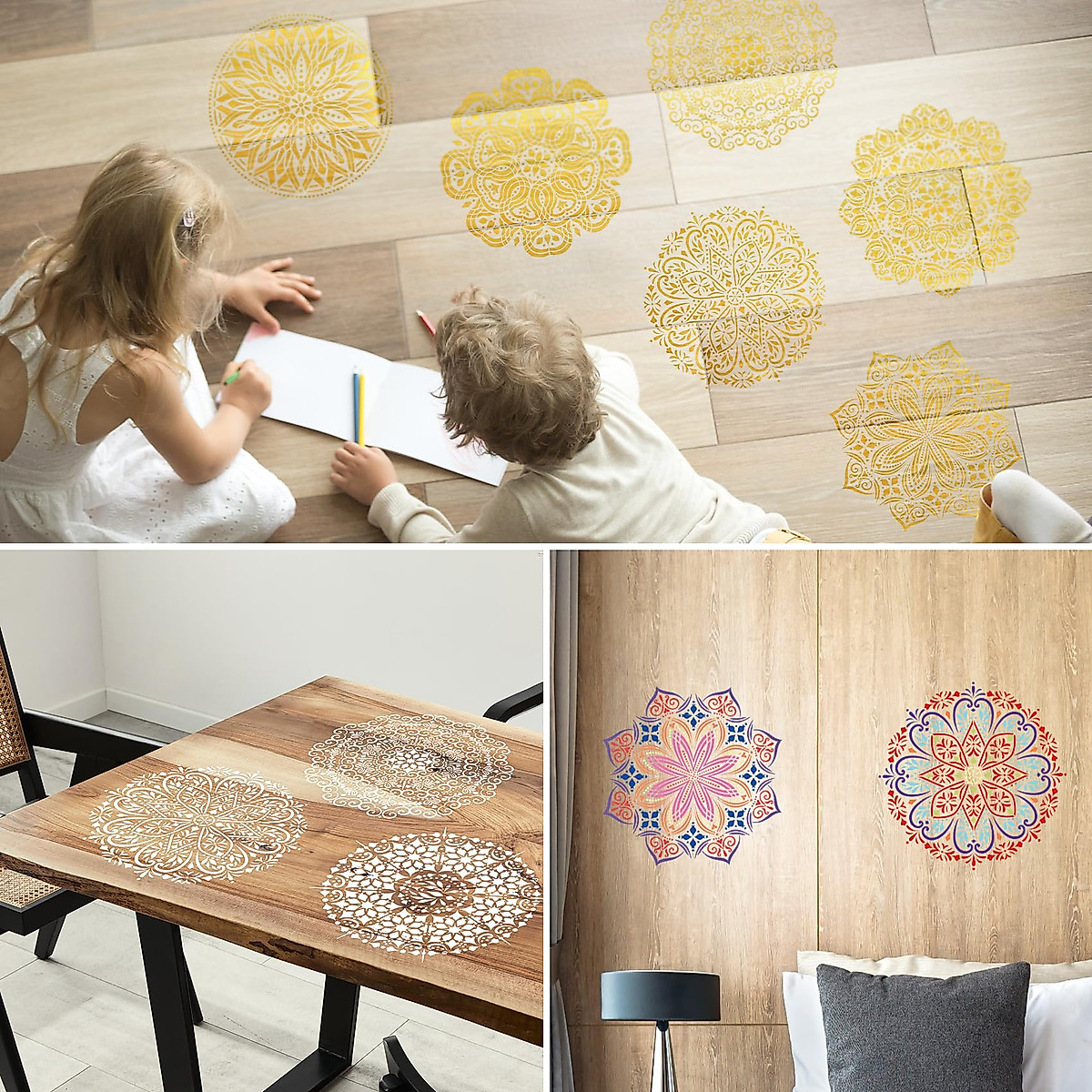 9 Pack 12x12 inches Mandala Stencils for Painting on Wood, Floor, Tile Fabric, Resuable Furniture Stencils Painting Template