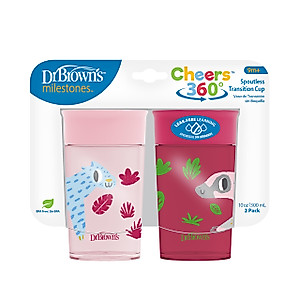 Dr. Brown's Milestones Cheers 360 Cup Spoutless Transition Cup, Travel Friendly & Leak-Free Sippy Cup, Pink Leopard – Red Lemur, 10 oz/300 mL, 2 count (1 pack)