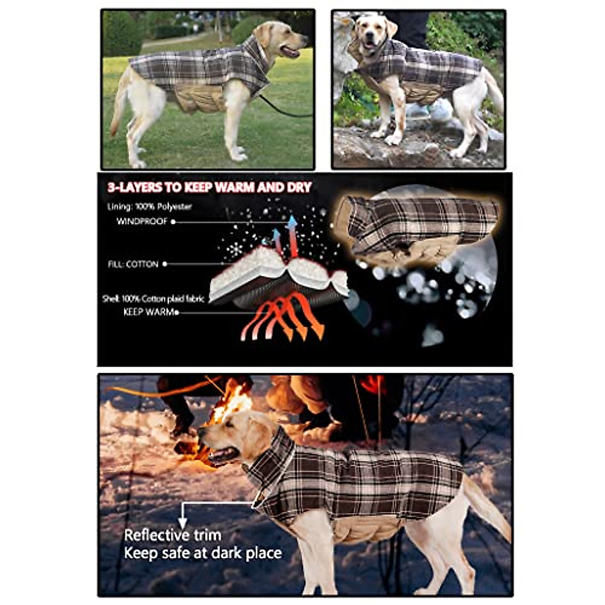 Sychien Dog Plaid Snow Jacket,Reflective Winter Warm Reversible Plaid Medium Coats,Christmas Thanksgiving Velcro Coats for Small Boy Girl Dogs,Khaki M