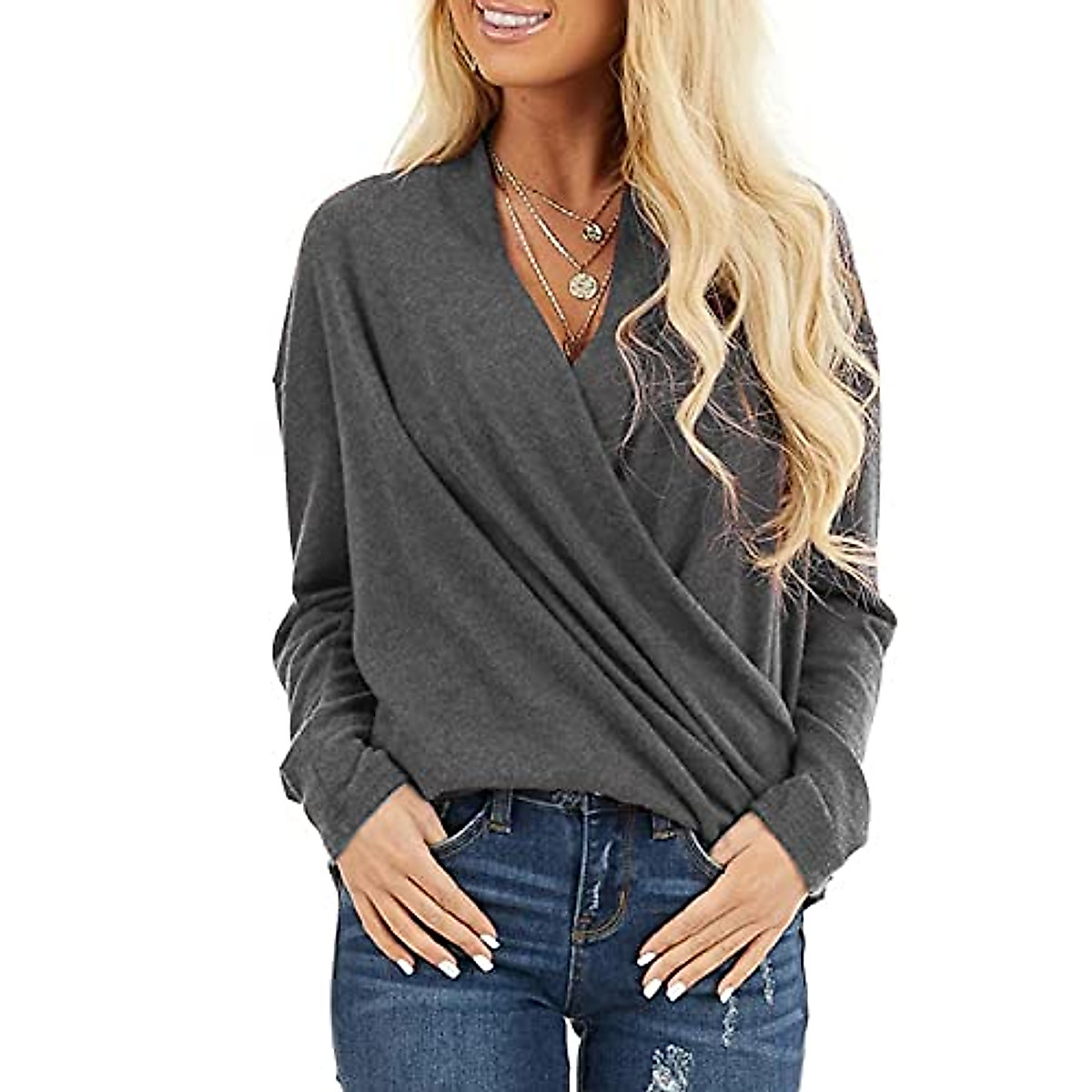 EVALESS Womens Casual V Neck Wrap Long Sleeve Knit Pullover Tops Sweater Shirts Gray M