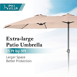 PHI VILLA 15ft Large Patio Umbrella with Base, Double-sided Outdoor Umbrella, Beige