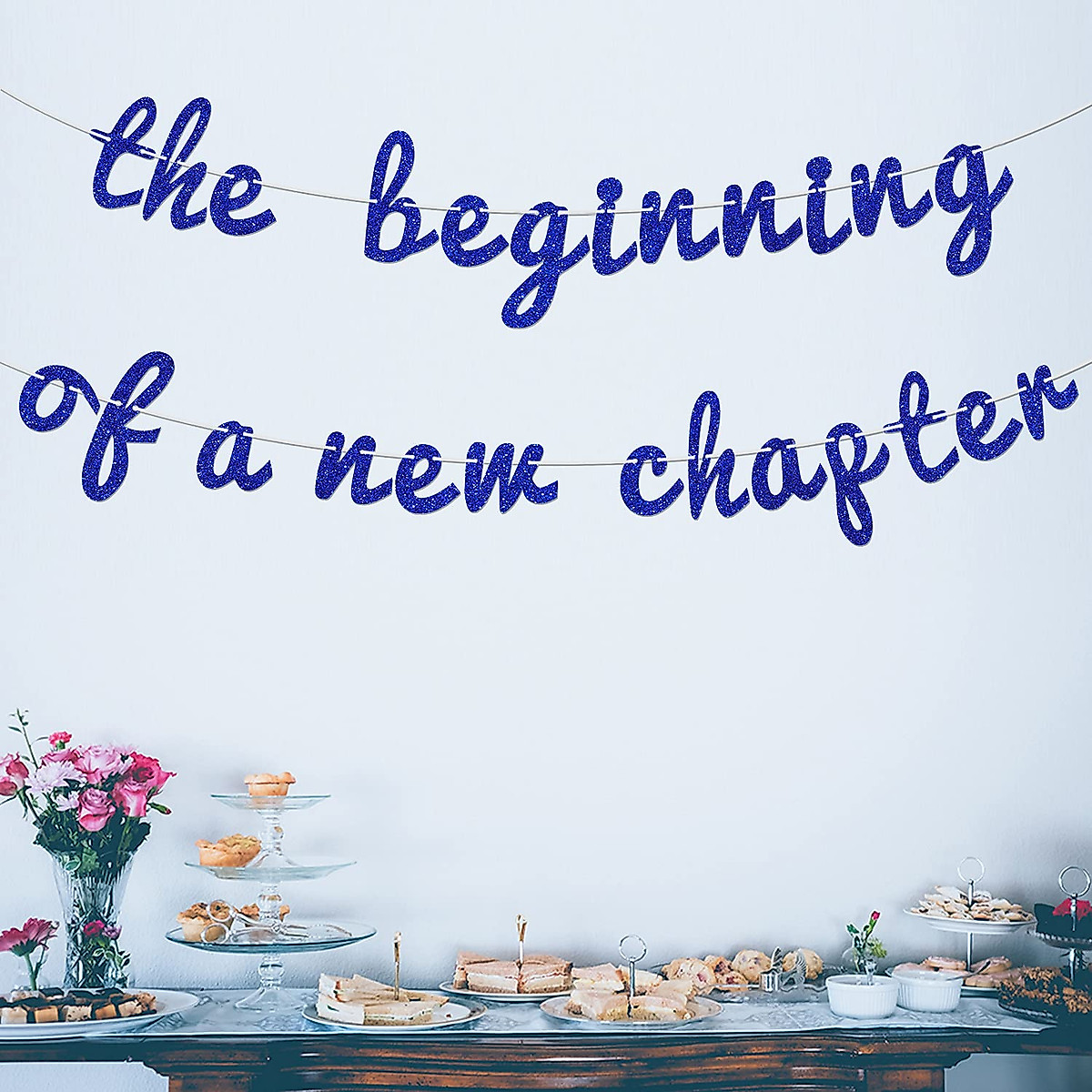The Beginning of A New Chapter Banner - Adventure Awaits - Bunting Backdrops for Engagement/Graduation/Baby Shower/Retirement Party Decoration Supplies(Blue)
