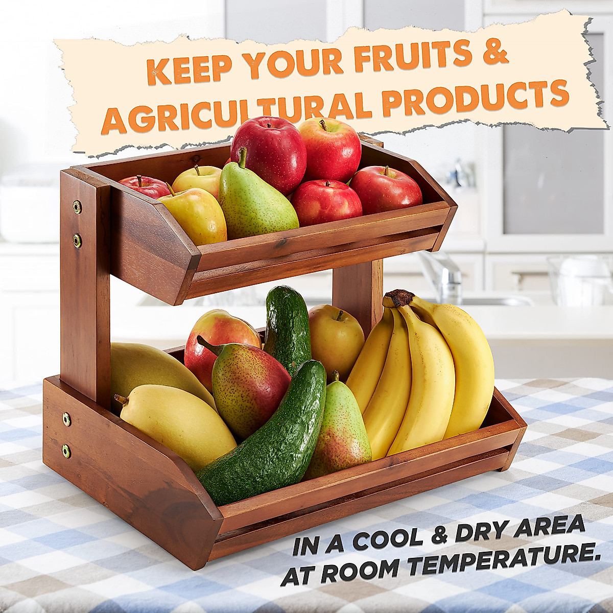 HOLANA Acacia Wood Fruit Basket - 2-Tier Fruit Bowl for Kitchen Counter, Large 14x10 in, Fruteros Para Cocina, Fruit and Vegetable Storage (2 Tier)