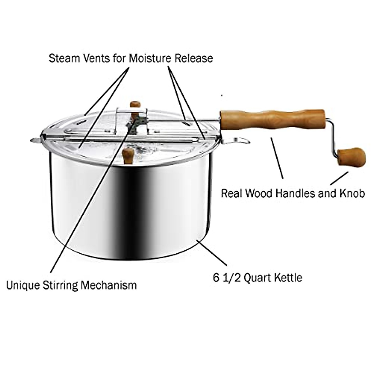 Great Northern Popcorn Stovetop Popcorn Maker With Wooden Handles, Silver, 5qt (529019ECS)