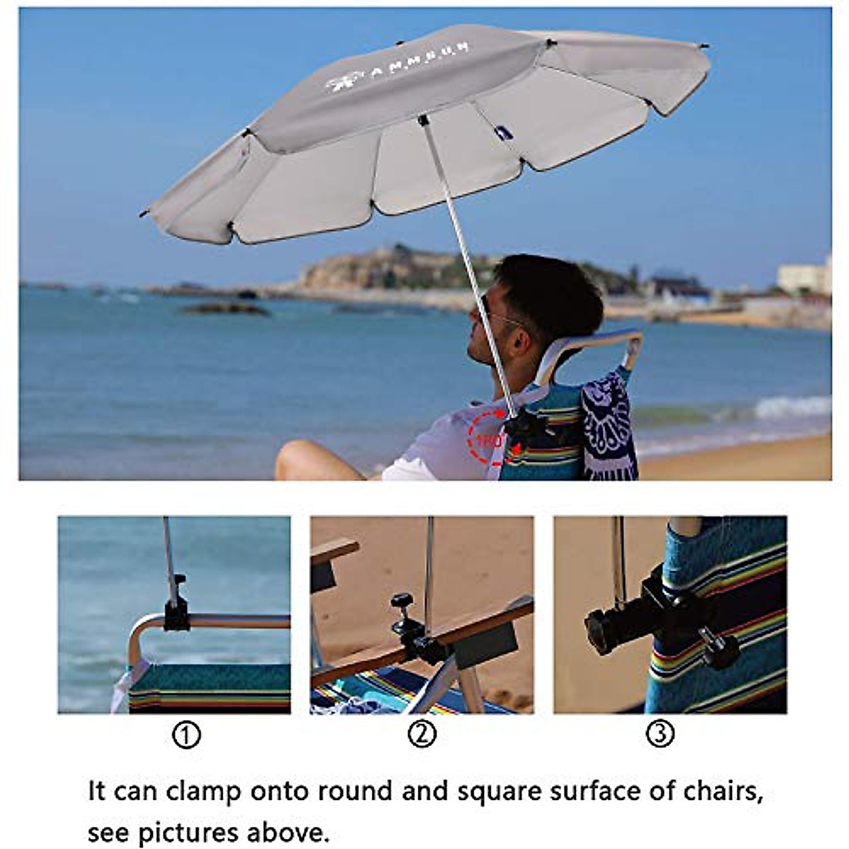 AMMSUN 2 PCS Chair Umbrella with Clamp 43 inches UPF 50+, Portable Clamp on Patio Chair, Beach Chair, Stroller, Sport chair, Wheelchair and Wagon, Grey, 2 PACK