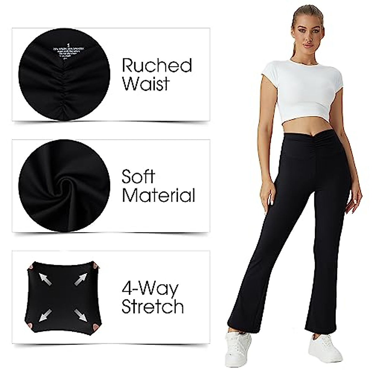 JEKAOYI Womens High Waist Ruched Flare Leggings Bootcut Tummy Control Casual Workout Yoga Pants