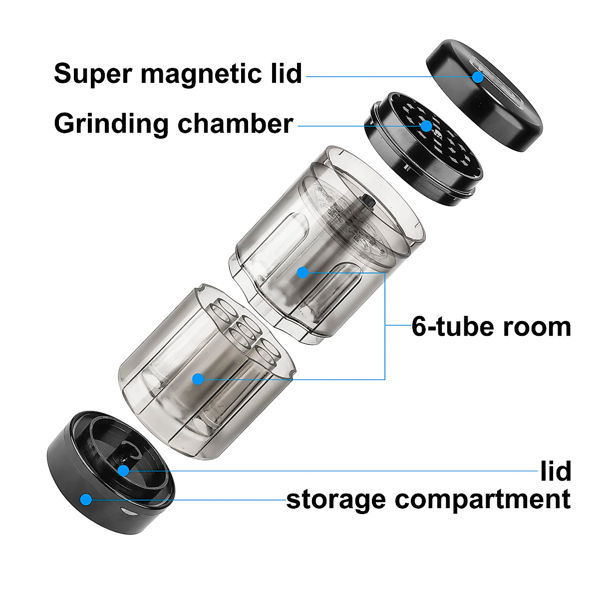 Free Boy 2.8’‘Large Aluminium Herb Grinder Transparent Cone Loader & Stasher 3 in 1,One or Six Cone Filling at time Convenient, Durable Grinders, Grind and Stash Spice（Broom& Brush) Black