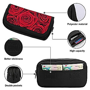 Beautiful Red Roses Pencil Case with Two Large Compartments Pocket Big Capacity Storage Pouch Pencil Bag for School Teen Adult