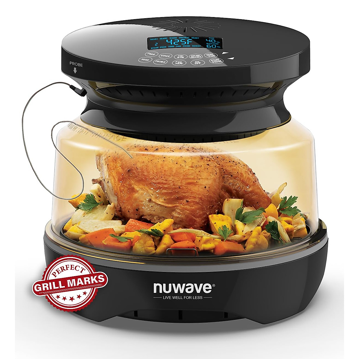 Nuwave Infra-Red Primo Grill Oven, Integrated Smart Thermometer, Nonstick Grill Bottom & Convection Top for Surround Cooking, Cook Fresh or Frozen, Durable Power Dome Included