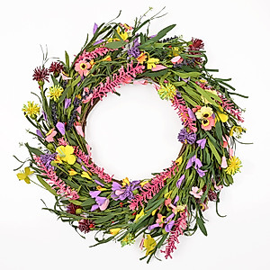 Martine Mall 22 Inch Daisy and Lavender Wreath Wildflower Spring Summer Wreath Floral Wreath Artificial Flower with Berry Wreath for Front Door Garden Party Wedding Home Decor