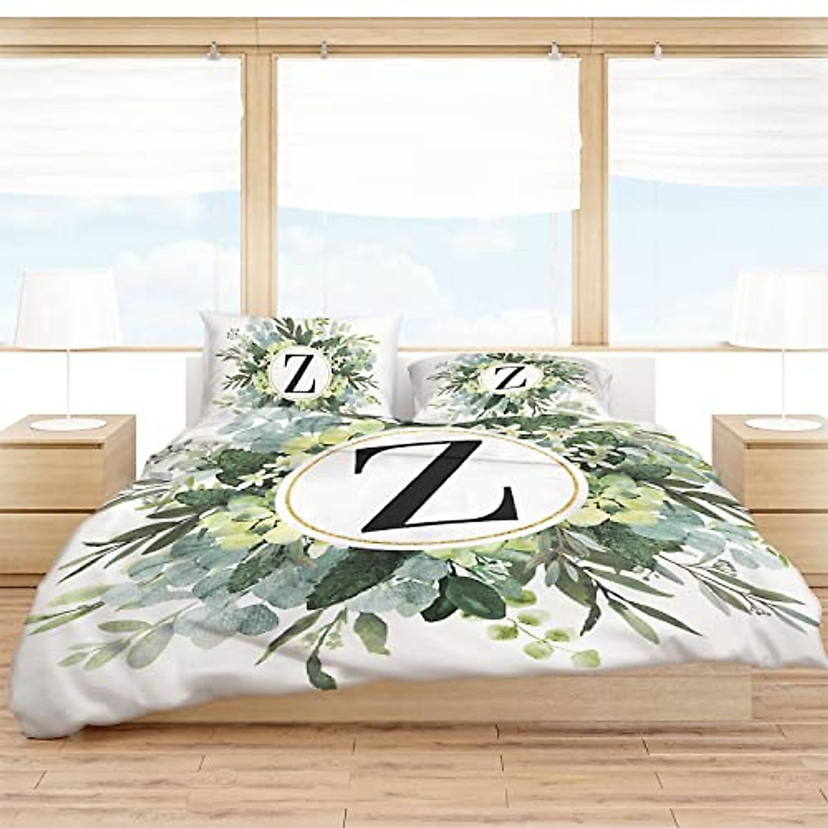 Queen Duvet Cover Set - Eucalyptus Leaves 4 Pcs Comforter Cover Bedding Sets with Zipper Closure, Z Monogram Letter Watercolor Teal Botanical Microfiber Bed Sheet Soft Quilt Cover with 2 Pillow Shams