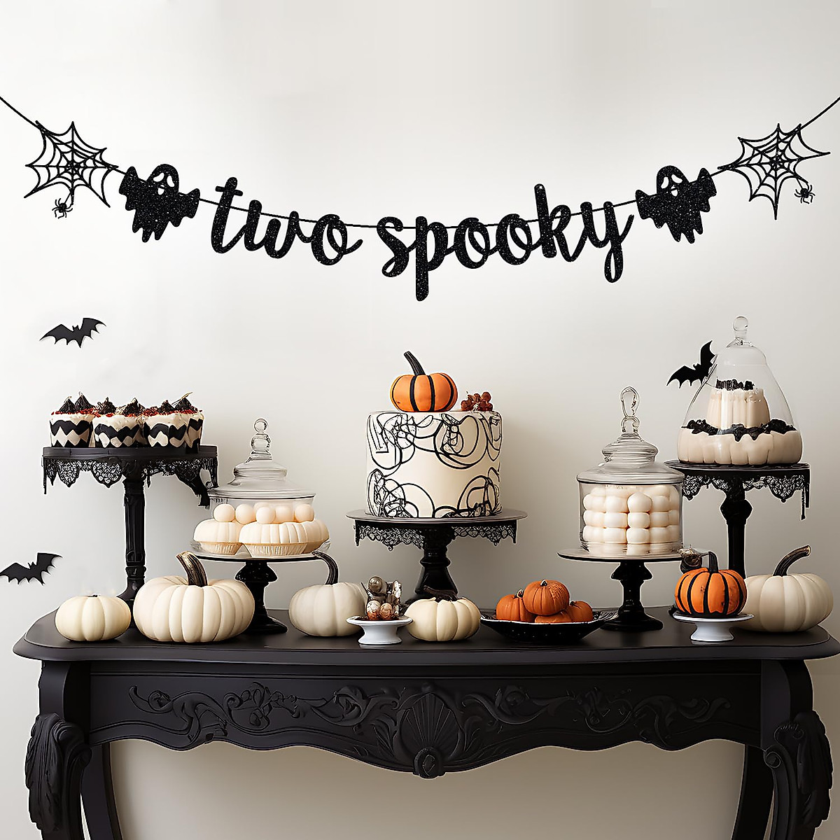 Two Spooky Banner, Halloween 2nd Birthday Party Decor, Two Spooky Birthday Decorations, Halloween Birthday Baby Shower Party Decorations, Black Glitter
