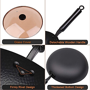 KYTD Carbon Steel Wok Pan, 12.5 inch Nonstick Stir Fry Wok with Glass Lid, Flat Bottom Cookware Chinese Wok for Induction, Gas, Halogen All Stoves