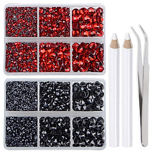 LPBeads 6400 Pieces Black and Red Hotfix Rhinestones Flat Back 5 Mixed Sizes Crystal Round Glass Gems with Tweezers and Picking Rhinestones Pen
