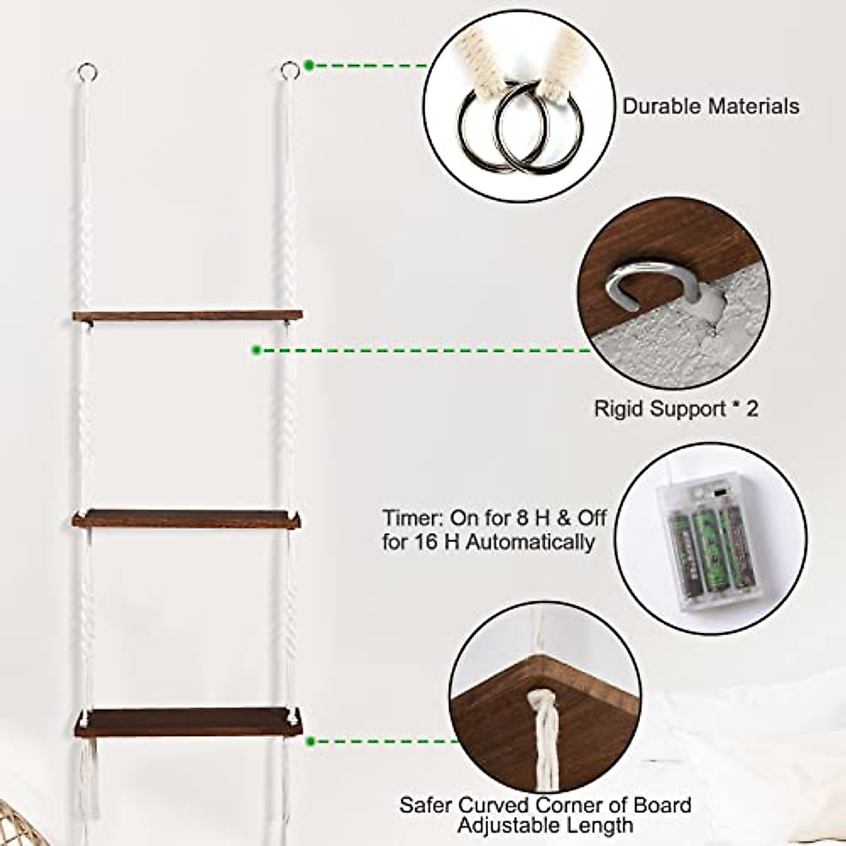 Hanging Shelf with Vine Lights, Macrame Plant Shelf, Wall Shelf, Wall Storage with Handmade Woven Ropes, 3 Tier Floating Shelf, Boho Room Decor Aesthetic for Succulents, Bedroom, Living Room, Bathroom