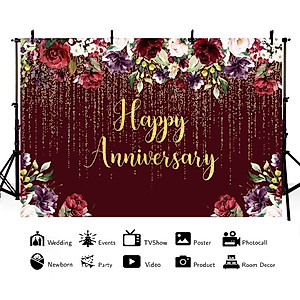 MEHOFOND 10x7ft Happy Anniversary Backdrop Gold Glitter Burgundy Wedding Anniversary Photography Background Couple Wedding Women Birthday Floral Party Decoration Cake Smash Decor Studio Photo Backdrop