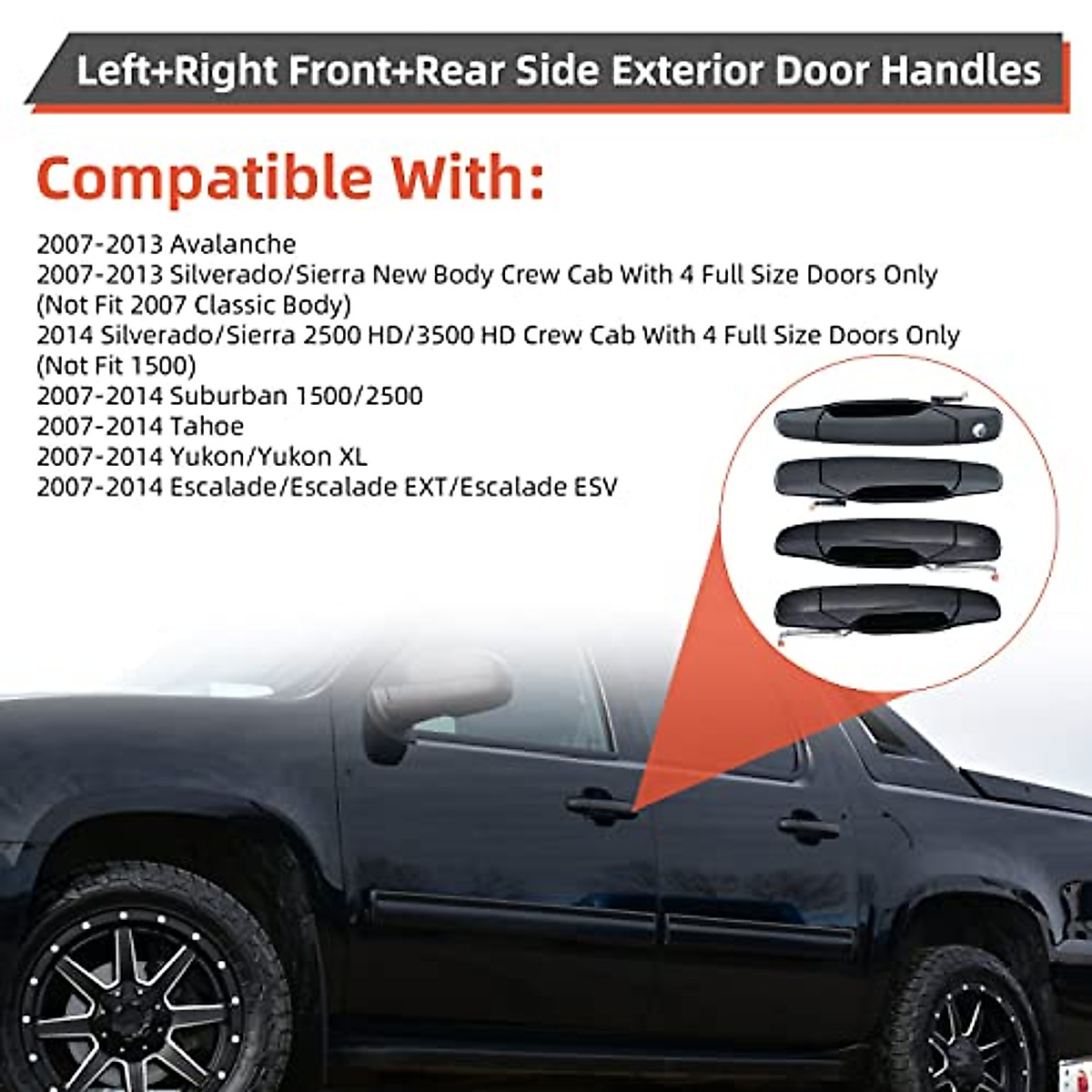 DEAL AUTO ELECTRIC PARTS 4pcs Left+Right Front+Rear Side Black Exterior Door Handles Compatible With 07-13 Avalanche/Silverado/Sierra New Body Crew Cab 07-14 Suburban/Tahoe/Yukon/XL/Escalade/ESV/EXT