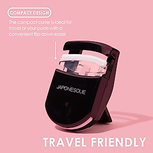 JAPONESQUE Travel Eyelash Curler, Black - Plastic Eyelash Curlers for Travel Makeup, Go Curl Lash Curler with Bonus Replacement Lash Pad - 1 Pack