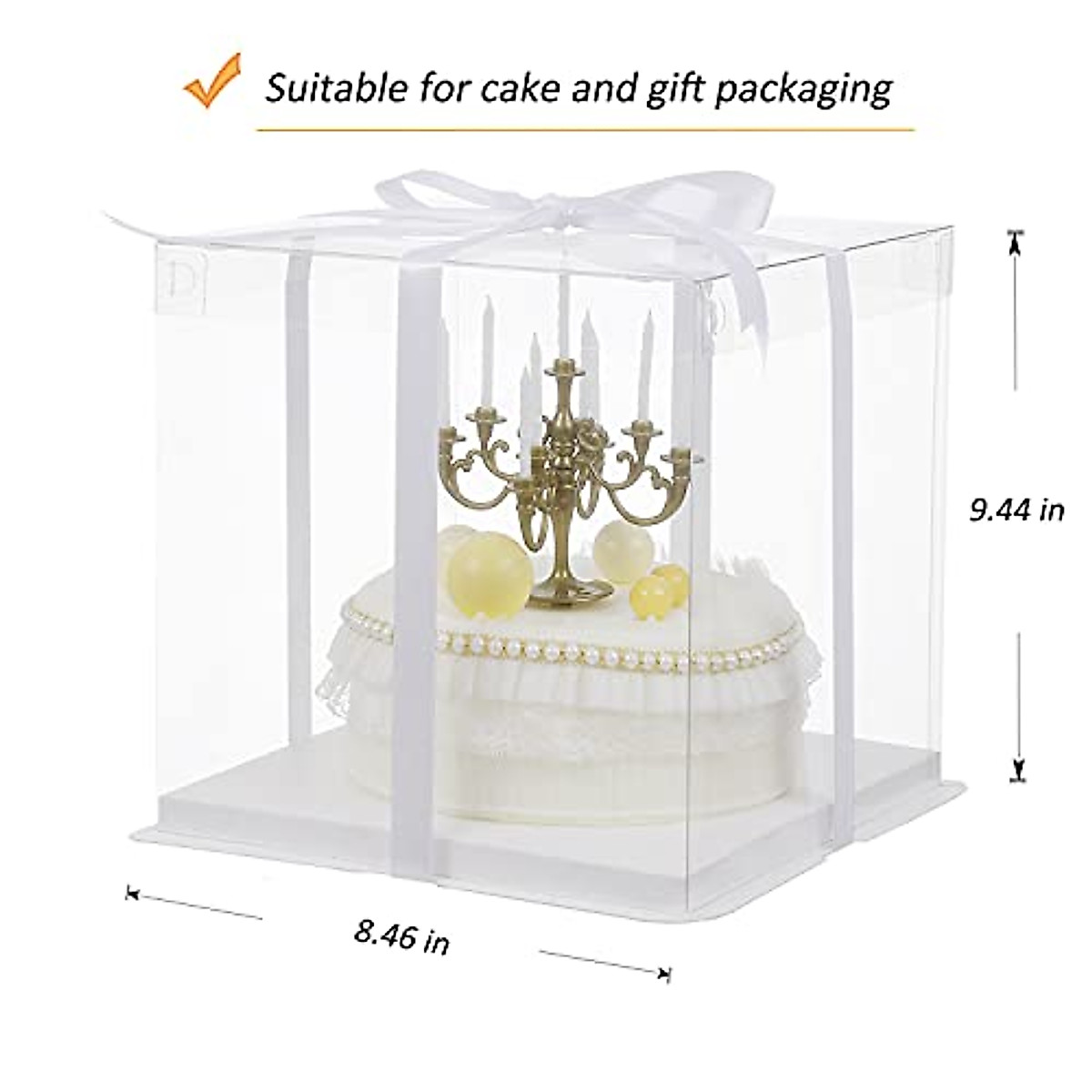 XININSUN 6Pcs Tall Cake Boxes PET Clear cake Box with Ribbon, 8 X 8 X 9inch for Bakery Boxes Cupcake Boxes Pie Cookies Boxes,Clear Gift Boxes with Lid for Carry Tall Layer Gift-White
