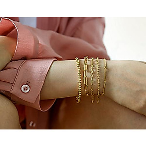 CONRAN KREMIX Gold Chain Bracelet Sets for Women Girls 14K Gold Plated Dainty Link Paperclip Bracelets Stake Adjustable Layered Gold Bracelet for Women Trendy Gold Jewelry For Women