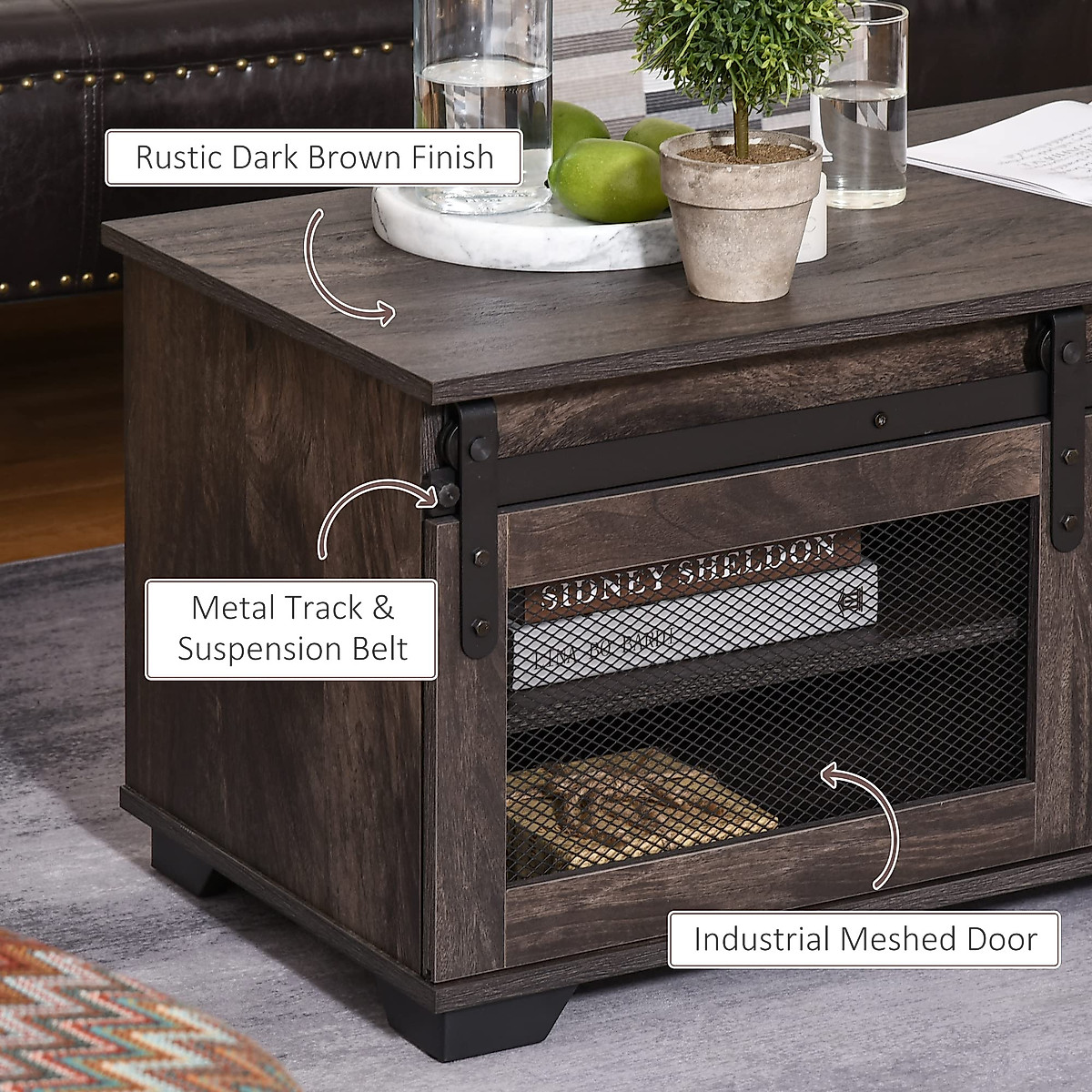 HOMCOM Farmhouse Coffee Table with Storage, Sliding Mesh Barn Door, Industrial Cocktail Table with Adjustable Shelves for Living Room, Dark Brown
