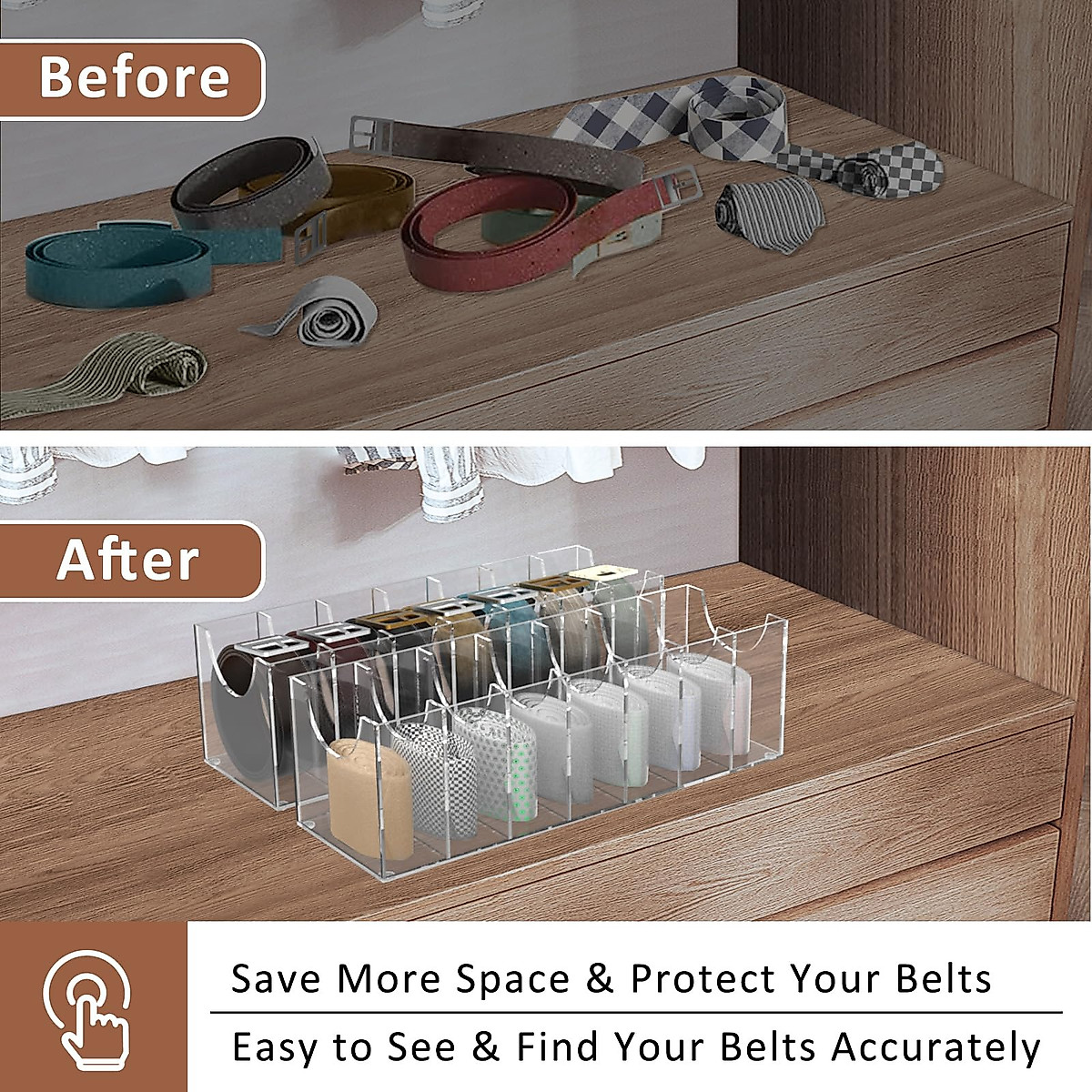 Acrylic Belt Organizer for Closet,Belt Holder for Drawer,Belt Rack Storage Organizer For Men,Clear Tie Organizer Holder Rack Wall Mount with 7 Compartments for Bow Cosmetics Bracelets Jewelry