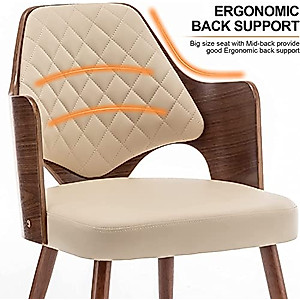 AQG Mid Century Modern Dining Chairs Set of 2, Upholstered Faux Leather Walnut Curved Back Contemporary Kitchen Dining Accent Chair, Minimalist Vintage Style (Beige, Pack of 2)