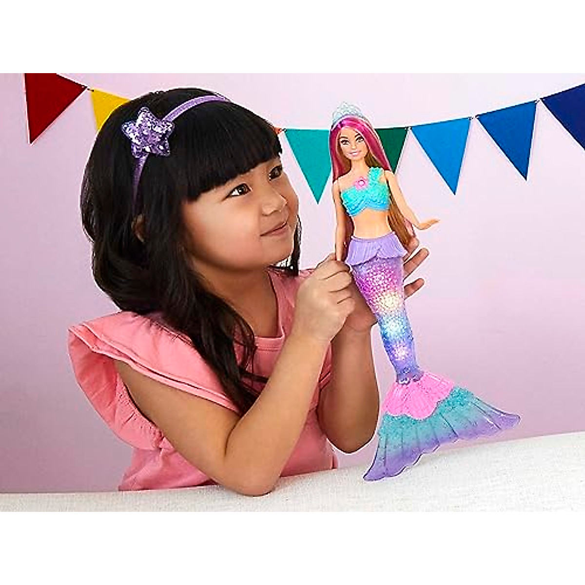 Barbie Dreamtopia Doll, Mermaid Toy with Water-Activated Light-Up Tail, Pink-Streaked Hair & 4 Colorful Light Shows