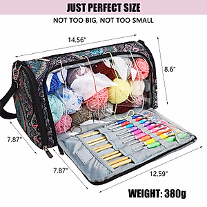 Looen Crochet Bag, Yarn Storage Tangle Free with Yarn Hole, Knitting Bag for Crochets Knitting Needles and Yarns(Blue Cashew)