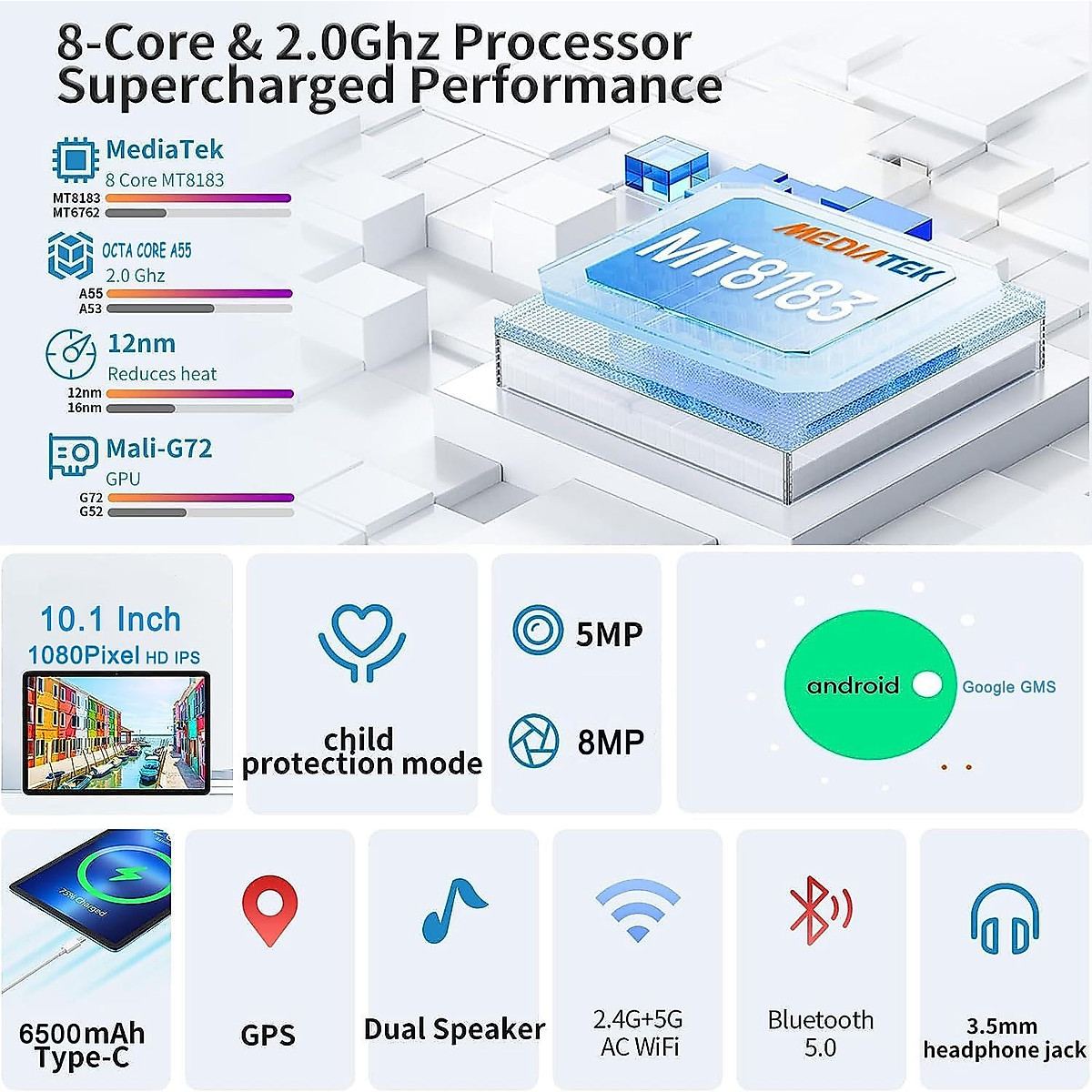 Tablet with Keyboard, 2 in 1 Tablet 10 Inch 10GB RAM + 64GB ROM with 4G Dual SIM | 5G WiFi, Android Tablet HD IPS, Octa-Core 2.0Ghz, 5MP + 8MP Camera, Bluetooth, 6500mAh, GPS, 1TB Expand - Silver