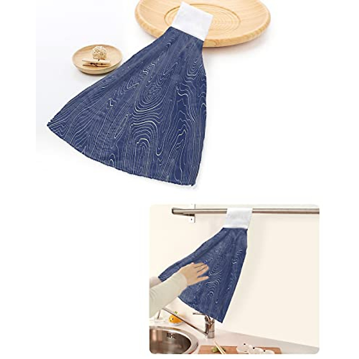 Ldtrchee Navy Blue Hand Towel with Hanging Loop, Abstract Mountains Line Minimalist Art Hanging Tie Towels Set 2 Pcs, Kitchen Absorbent Towel for Bathroom Tea Bar Laundry