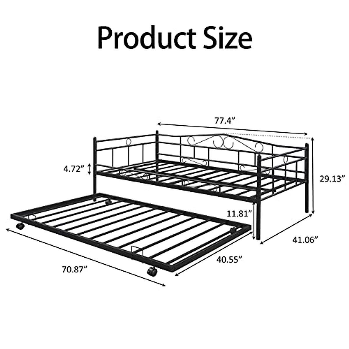 Lostcat Twin Size Daybed Bed with Trundle,Metal Bedframe with Safety Guardrails & Heavy Duty Steel Slat Support,for Kids Teens Adults.No Box Spring Needed (Black)