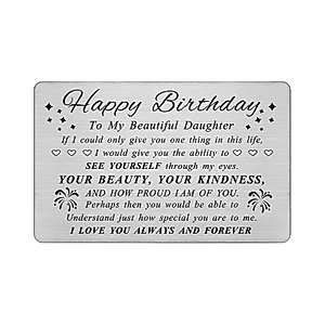 DEGASKEN Sweet Daughter Birthday Card - Birthday Decorations for Girls - Personalized Steel Engraved Wallet Card