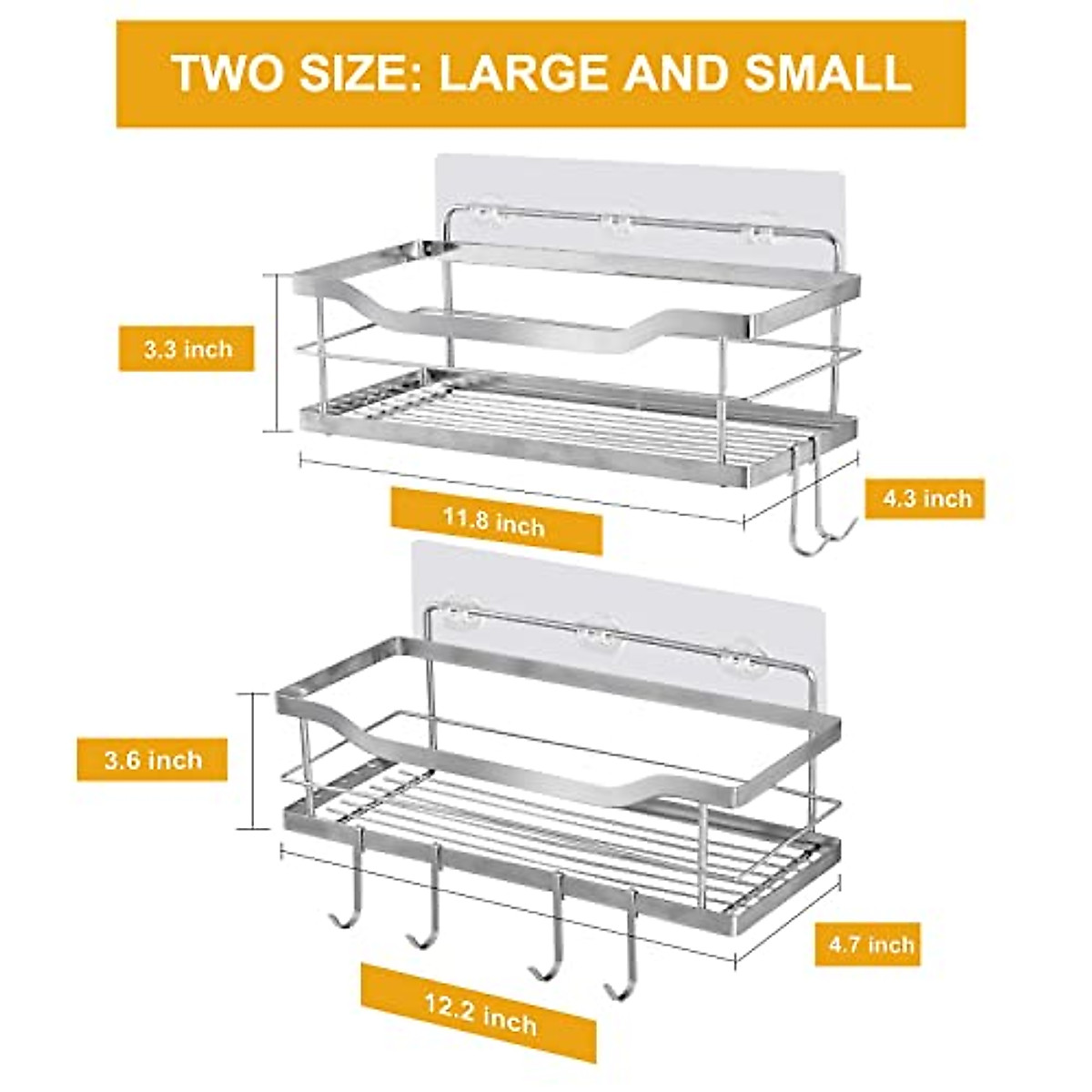 Adhesive Hanging Shower Caddy Organizer Shelf for Inside Shower with 6 Movable Hooks, 304 Stainless Steel, Wall Mount No Drilling, Spice Rack for Kitchen Storage -Silver, 2-Pack
