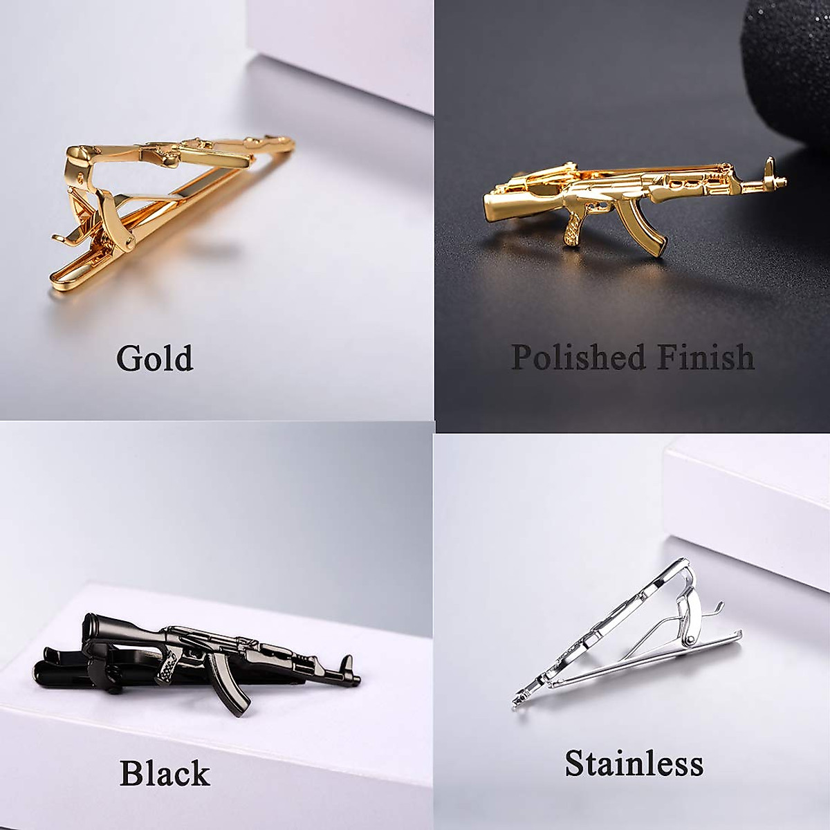 U7 Men Personalized Tie Clip Set of 3 Stainless/Black/18K Gold Plated AK47 Gun Shaped Shirt Tie Bar Clips 3 Pieces