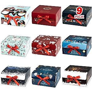 ARTLYMERS Christmas Gift Boxes with Lids, 9 Pack Gift Boxes and Red Ribbon Christmas Themed Pattern Small Gift Boxes for Christmas Presents Gifts Easy Assemble