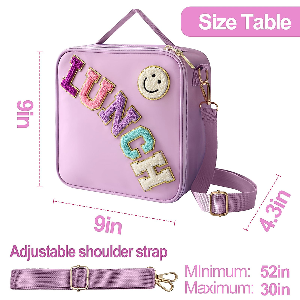 Insulated Lunch Bag With Adjustable Shoulder Strap, Nylon Preppy Lunch Box Large Insulated Lunch Bag Reusable Lunch Tote Bag with Smiley Preppy LunchBag for Girls School Travel Picnic (Purple)