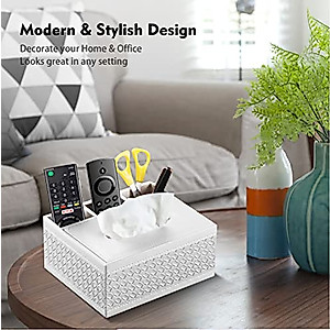 Rectangular Tissue Box Holder, PU Leather Braided Pattern Tissue Box Cover with Storage, Multifunctional Napkin Holder Tissue Dispenser Desk Organizer TV Remote, Phone, Glasses, for Home/Office Desk