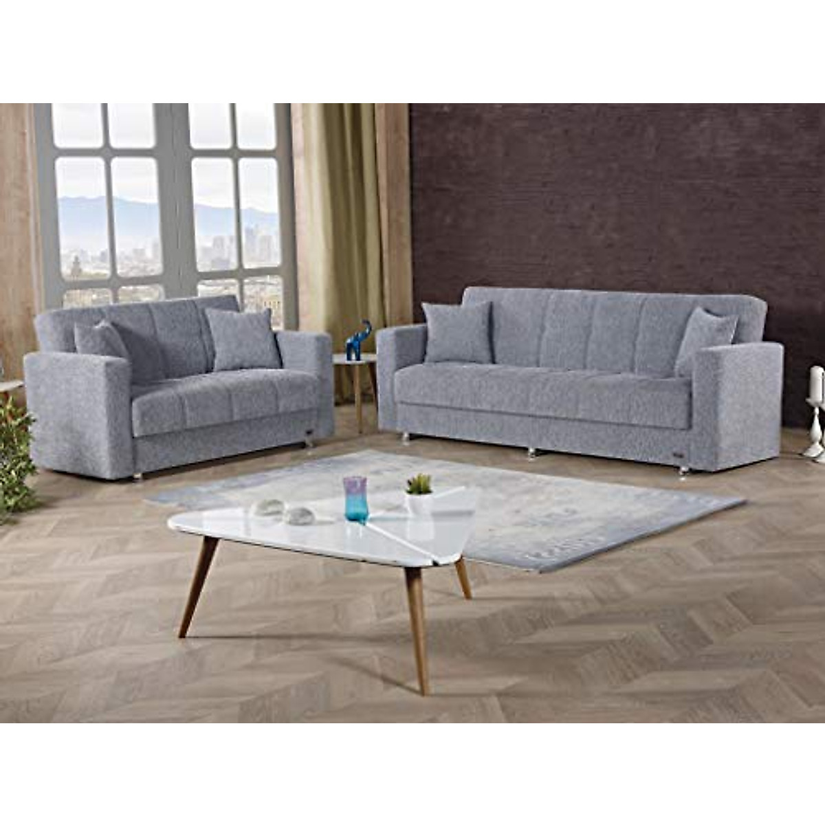 BEYAN Niagara Collection Contemporary Upholstered Convertible Storage Love Seat with Easy Access Storage Space, Includes 2 Pillows, Gray