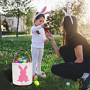 TOPLEE 3 PCS Easter Eggs Hunt Basket for Kids Canvas Bunny Basket Egg Bags Rabbit Fluffy Tails Party Celebrate Decoration Gift Toys Carry Bucket Tote