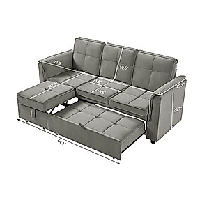AVZEAR 3 Seater Couch Sofa, Sectional Sofa Couch with Pull Out Bed Velvet Fabric Sectional L Shaped Sleeper Sofa Bed Large Sofa Solid Wood & Fabric Upholstered L-Shaped for Living Room (Grey)