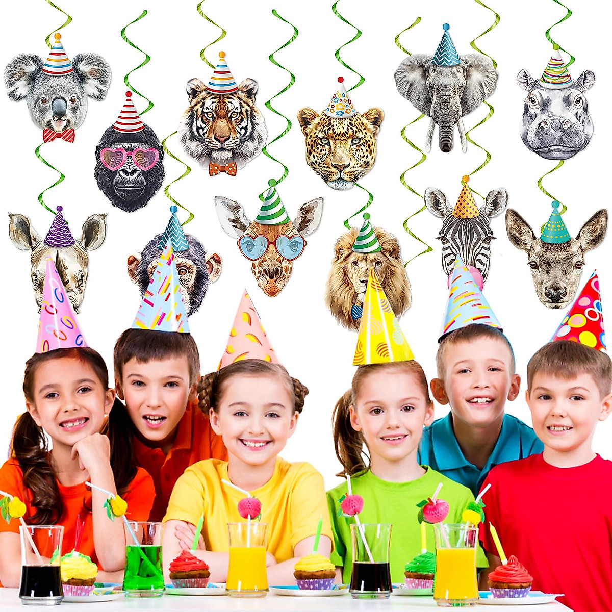 60PCS Jungle Animals Birthday Decorations Wild One Hanging Swirls Ceiling Streamers Decor Forest Theme Foil Swirls Ceiling for Boys Girls Baby Shower Safari Wild Animals Birthday Party Supplies