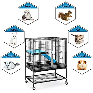 Topeakmart Rolling Metal Small Animal Cage for Adult Rats Ferrets Chinchillas Guinea Pigs Single Unit Critter Nation Cage w/Removable Ramp & Platform Black