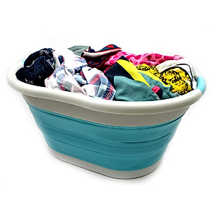 SAMMART 36L (9.5 gallon) Collapsible Plastic Laundry Basket - Oval Tub/Basket - Foldable Storage Container/Organizer - Portable Washing Tub - Space Saving Laundry Hamper, (Oval, Grey/Bright Blue)