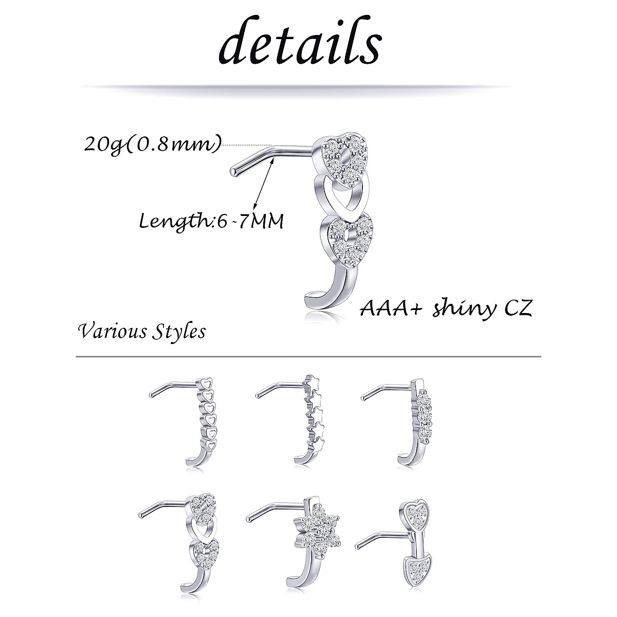 Akeoqi 6Pcs Nose Studs Nose Ring Inlaid Cubic Zirconia L Shaped Studs Lotus Star Heart Nose Nostril Piercing Jewelry for Women Men Sliver Tone 20G