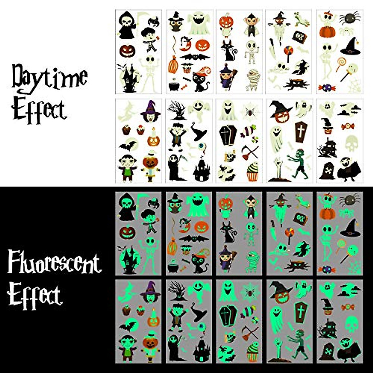 Halloween Tattoos for Kids, Trick or Treat Temporary Tattoos, Kids Glow in The Dark Waterproof Vampire, Human Skeleton, Horror Pumpkin, Witch, Alien Tattoo Stickers for Halloween Party Favor