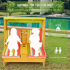 Costzon Kids Chaise Lounge, Double Seat Patio Chair w/Canopy, Cup Holders, Cushion, Breathable Mesh, Backrest Recliner, Children Outdoor Wood Furniture Gift for Boy Girl 3-8 Year Old, Kids Beach Chair