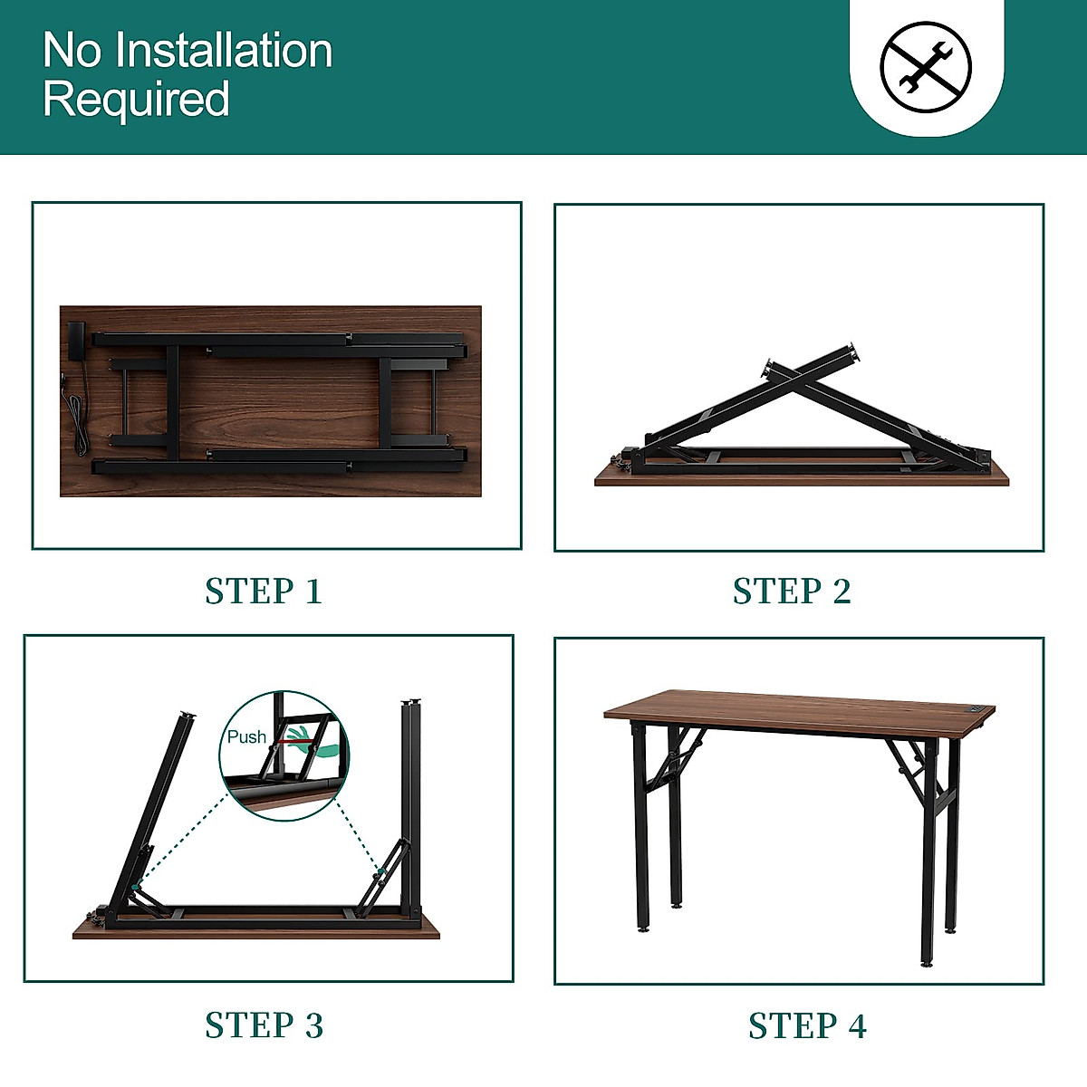 Frylr Small Foldable Desk 43.3''X 19.6''X 29.5'',Foldable Table with 2 Power Sockets and 2.1A USB Charging Ports, Folding Computer Desk for Home Office, No Install Needed, Walnut + Black Leg
