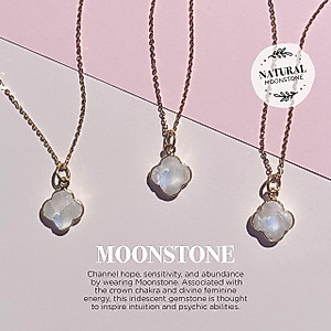 Joyfulmuze Genuine Rainbow Moonstone Clover Necklace, 18kt Gold Over Sterling Silver, Handcrafted Gifts for Women and Girls, Luck Four Leaf Pendant, 18 inches long (Rainbow-Moonstone-Gold)