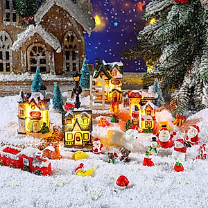 44 Pieces Christmas Light up Village Houses LED Lights Christmas Village Scene Display Tiny Resin Fairy Figurines Accessories Miniature Ornaments for Collection Table Decor